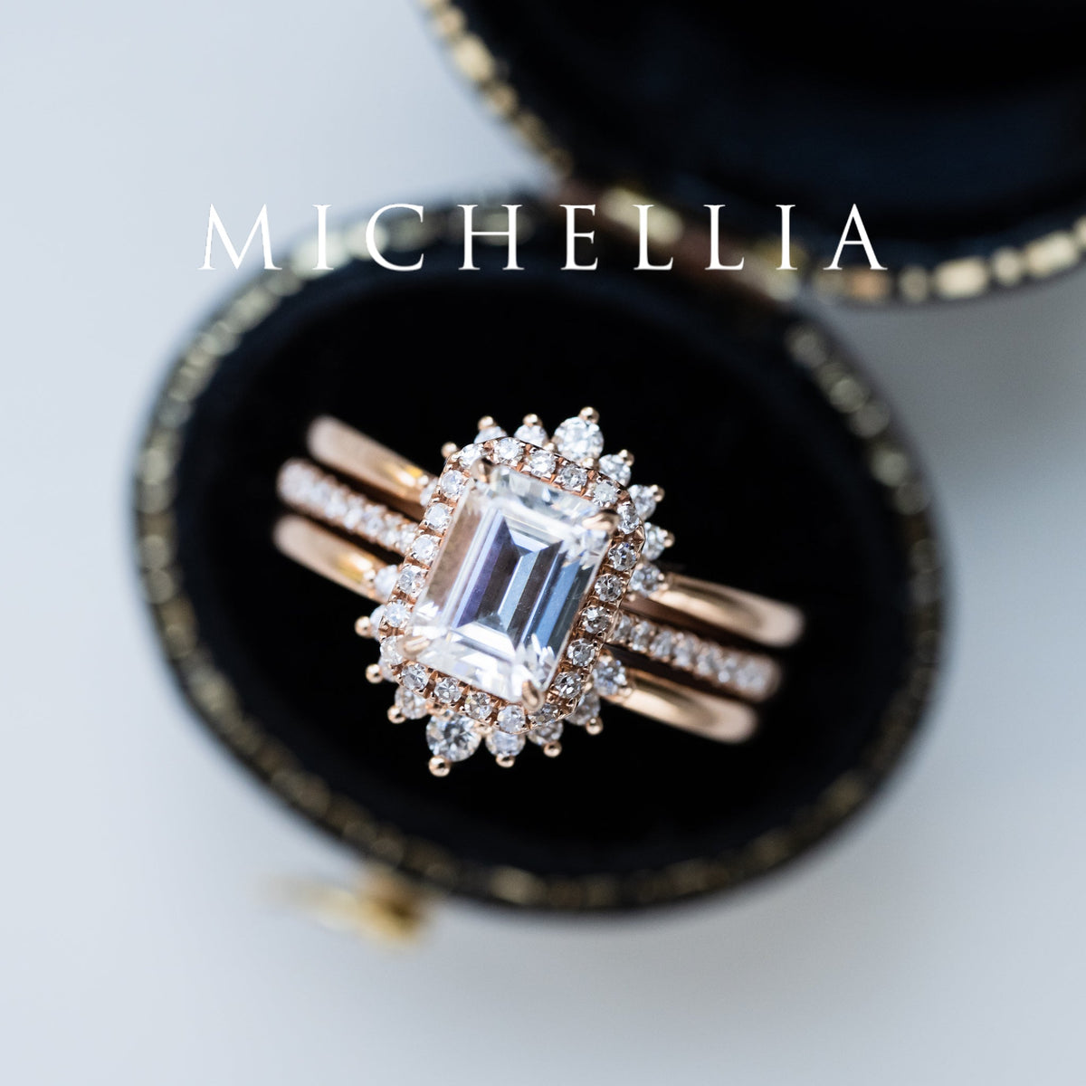 Kimberly | Halo Diamond Emerald Cut Ring in Moonstone – Michellia Fine ...