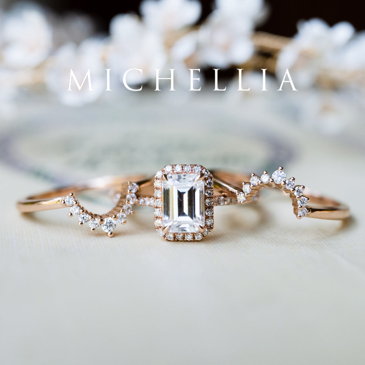 Kimberly | Halo Diamond Emerald Cut Ring in Moonstone – Michellia Fine ...