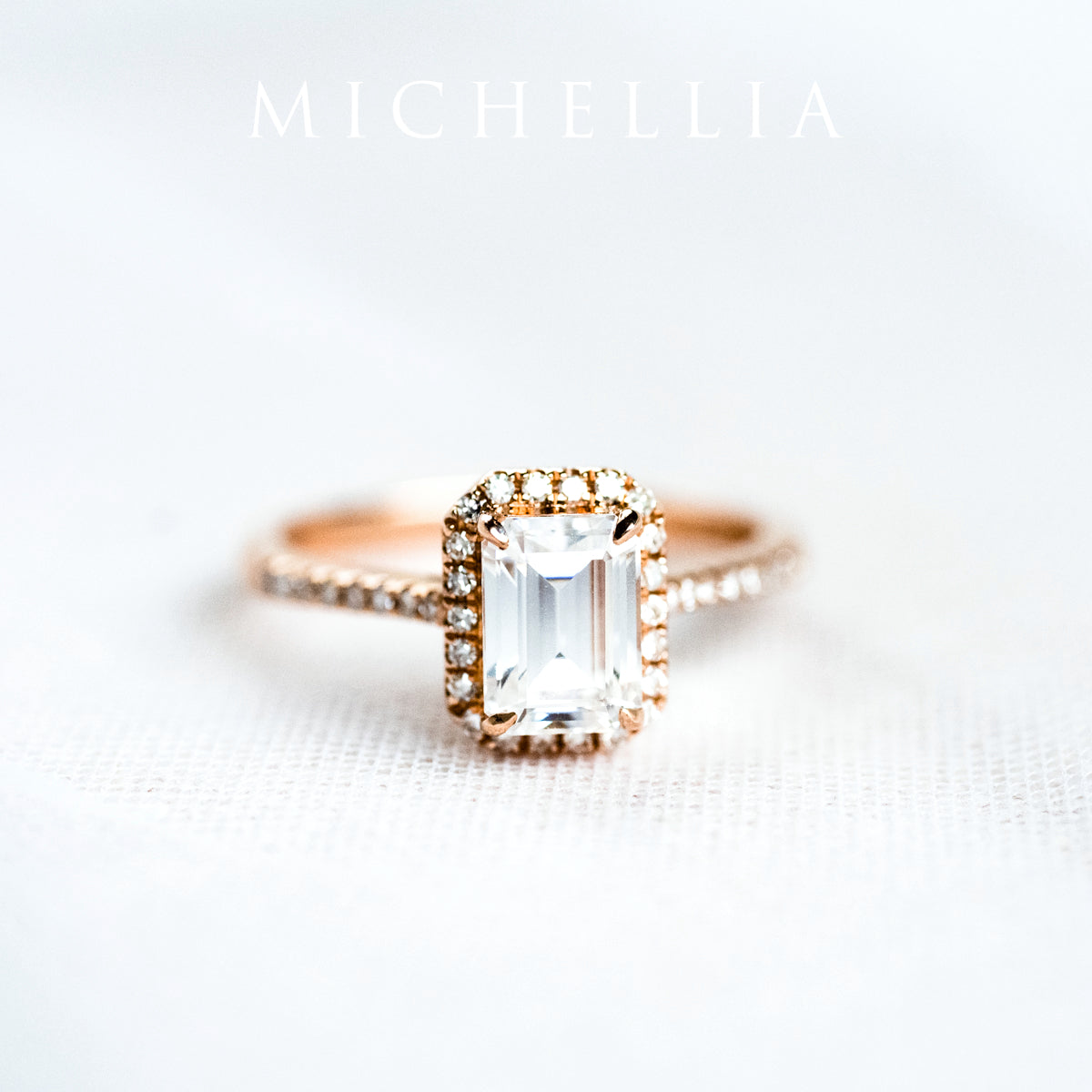 Kimberly | Halo Diamond Emerald Cut Ring in Moonstone – Michellia Fine ...